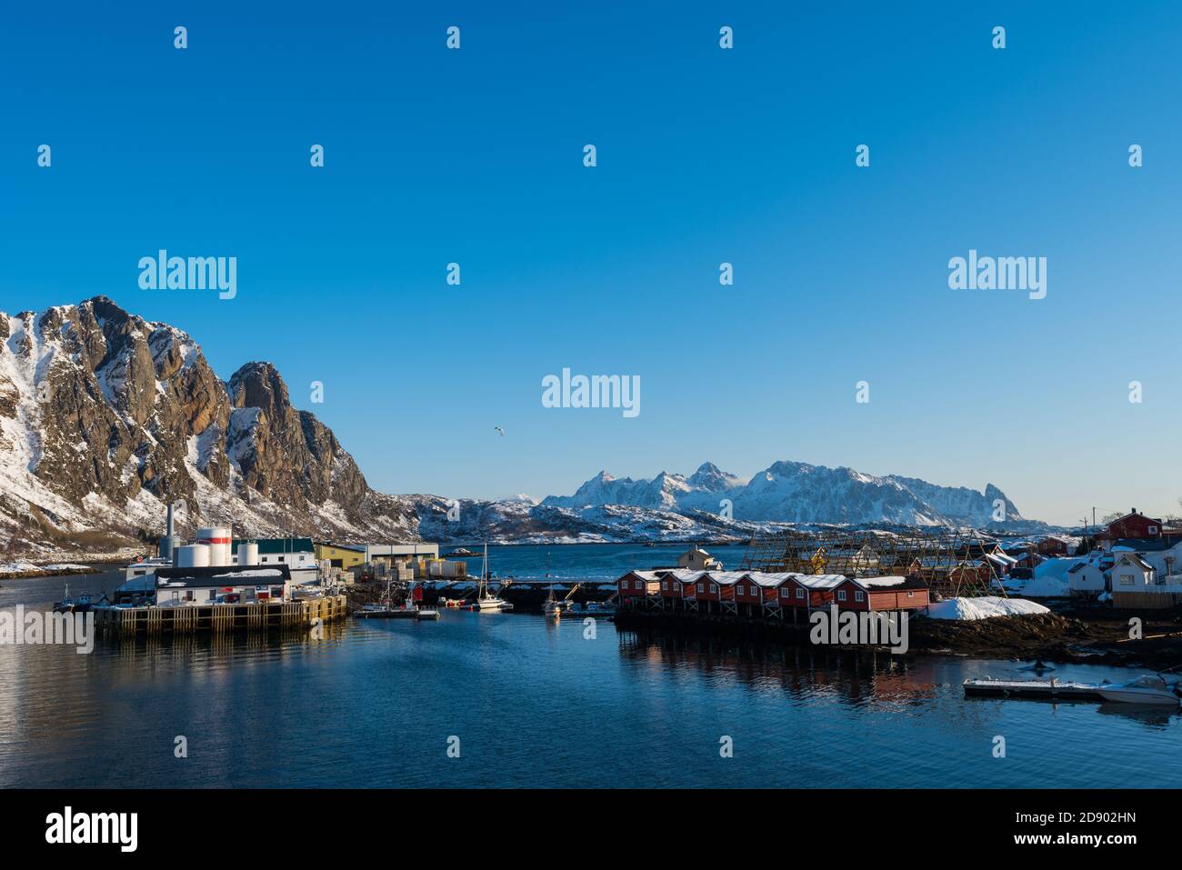 View over the port and winter mountain landscape of Svolvaer on the ...