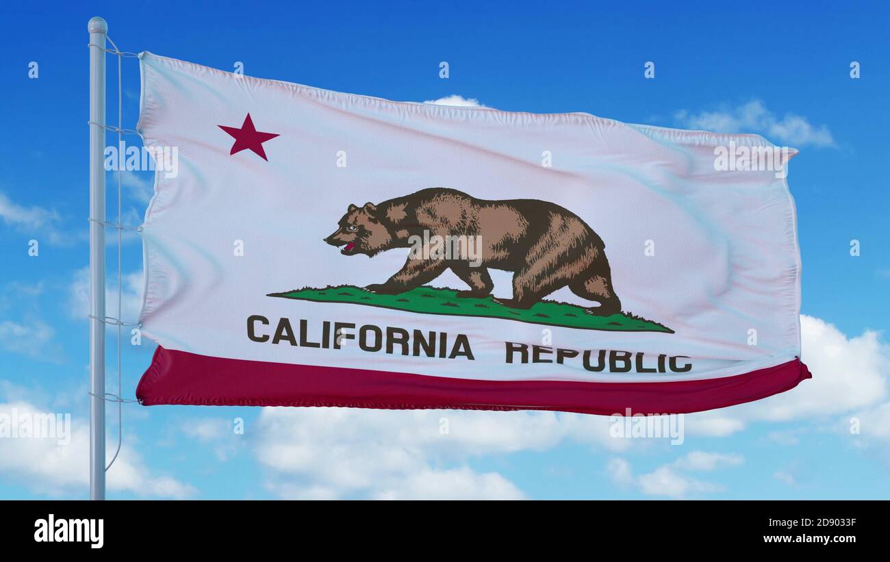 California flag waving in the wind, blue sky background. 3d rendering ...