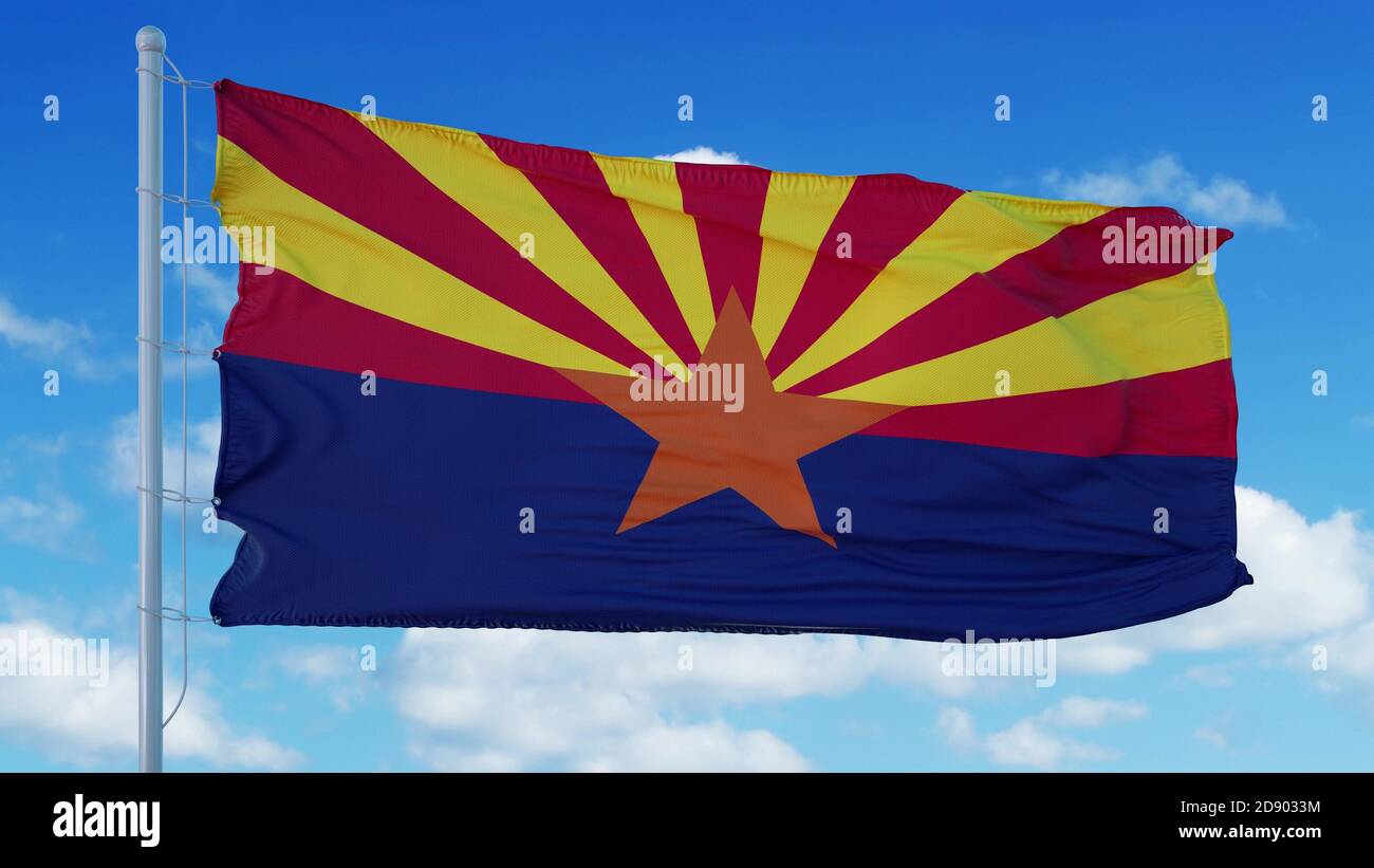 Arizona flag waving in the wind, blue sky background. 3d rendering ...
