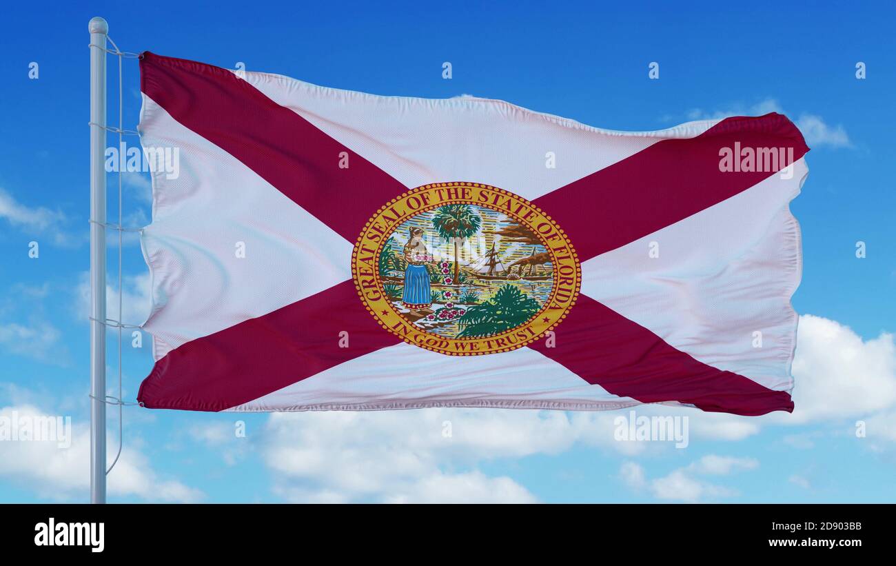 Florida flag waving in the wind, blue sky background. 3d rendering ...