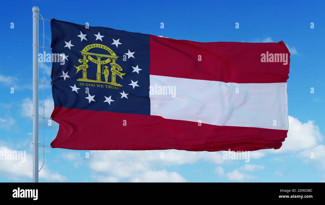Georgia flag waving in the wind, blue sky background. 3d rendering ...