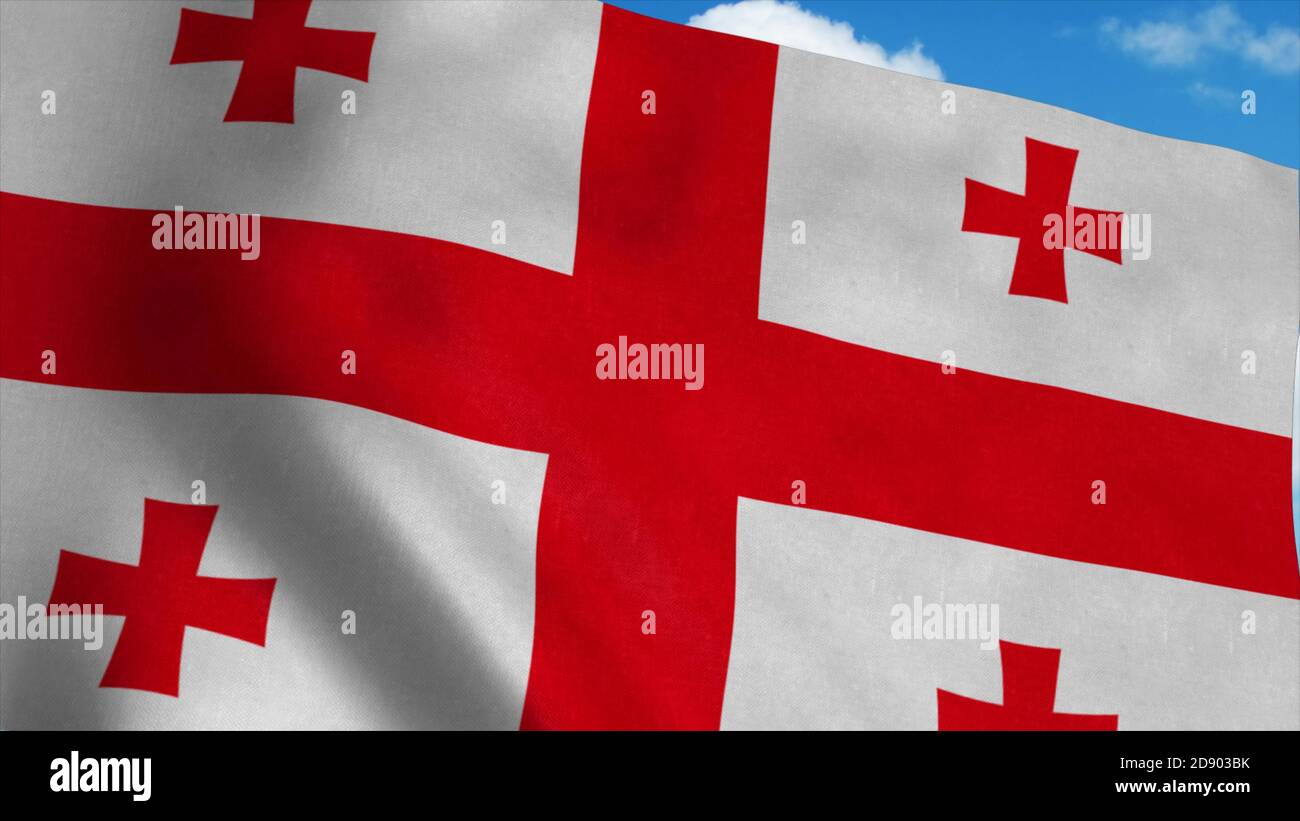 National flag of Georgia flag waving in the wind, blue sky background ...