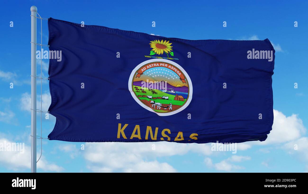 Kansas flag on a flagpole waving in the wind, blue sky background. 3d ...