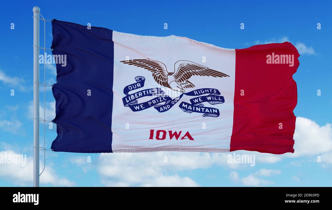 Iowa flag on a flagpole waving in the wind, blue sky background. 3d ...