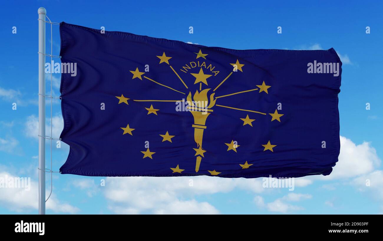 Indiana flag on a flagpole waving in the wind, blue sky background. 3d ...