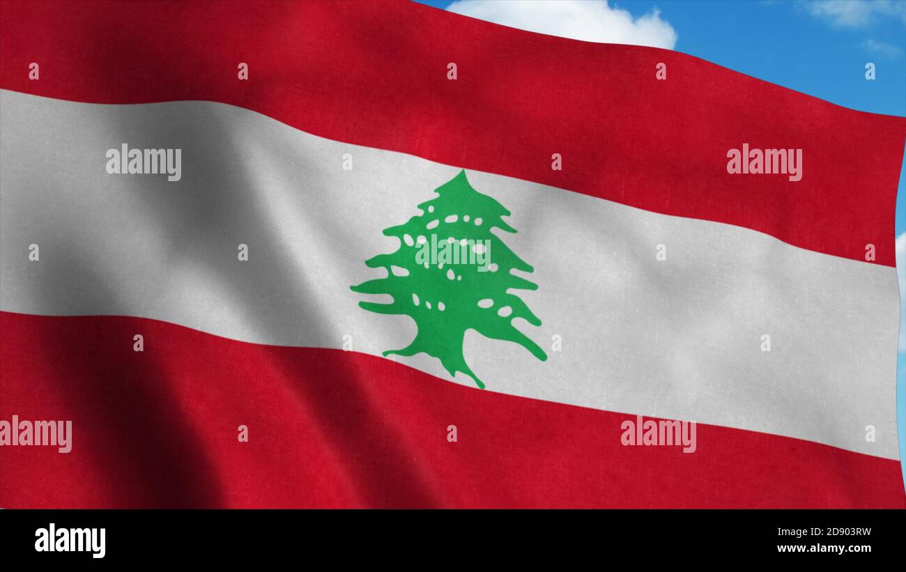 Lebanon flag waving in the wind, blue sky background. 3d rendering ...