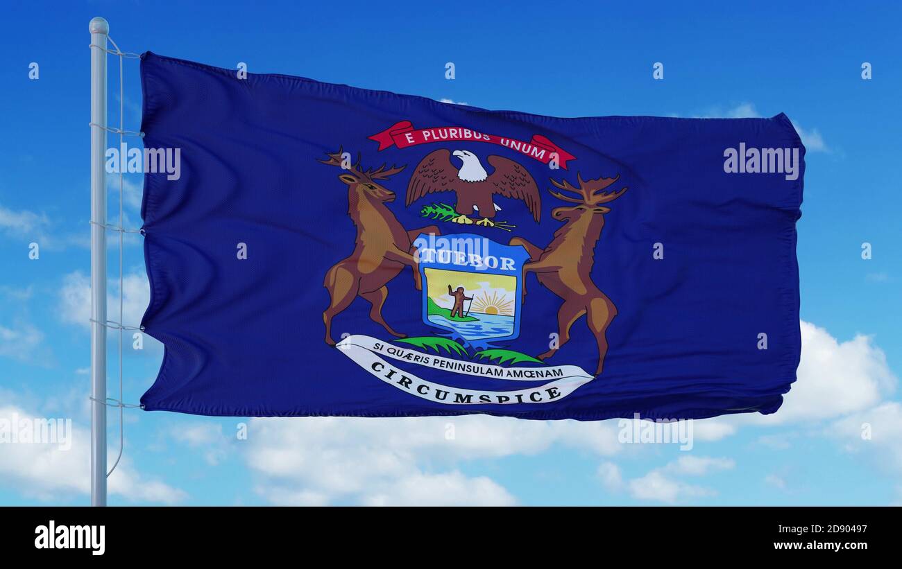 Michigan flag on a flagpole waving in the wind, blue sky background. 3d ...
