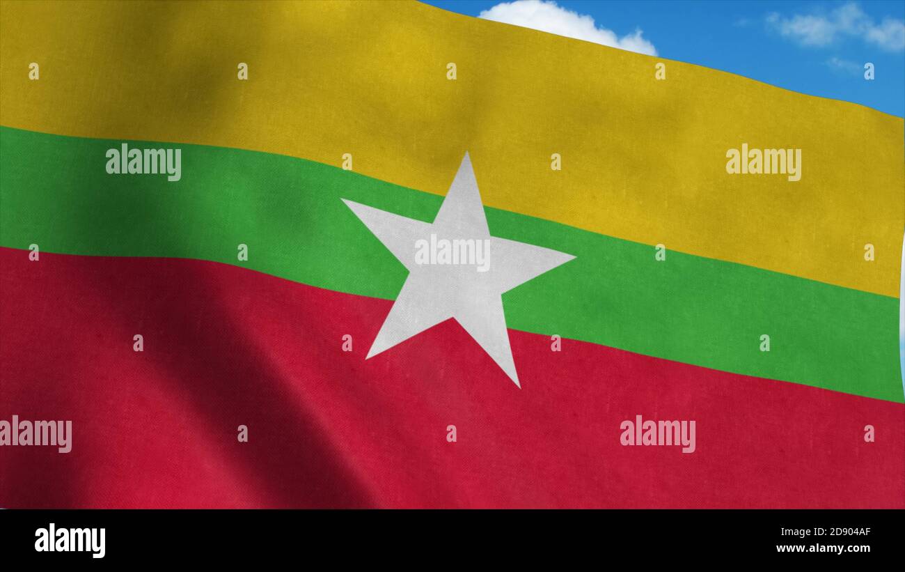 Myanmar flag on a flagpole waving in the wind, blue sky background. 3d ...