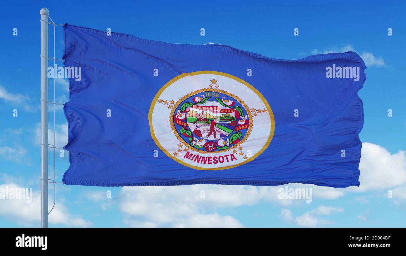 Minnesota flag on a flagpole waving in the wind, blue sky background ...