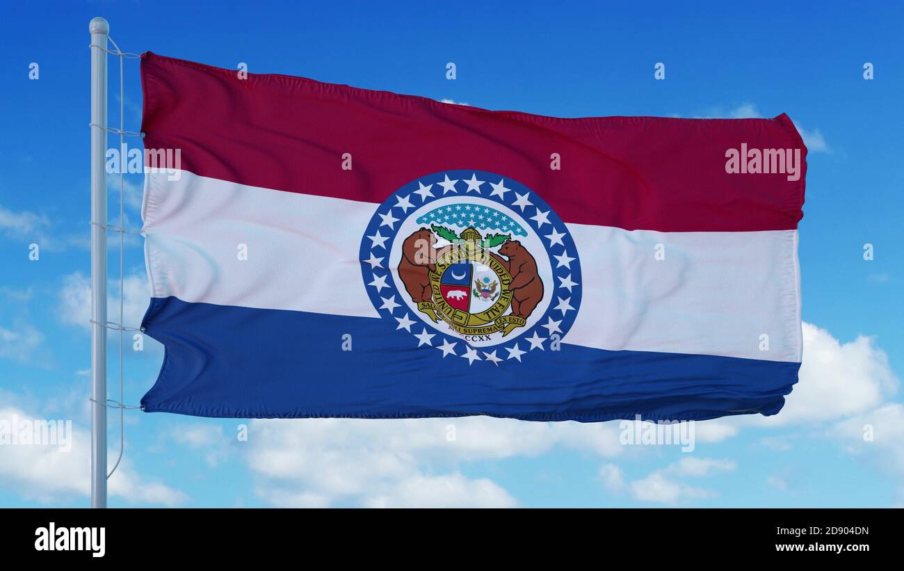 Missouri flag on a flagpole waving in the wind, blue sky background. 3d ...