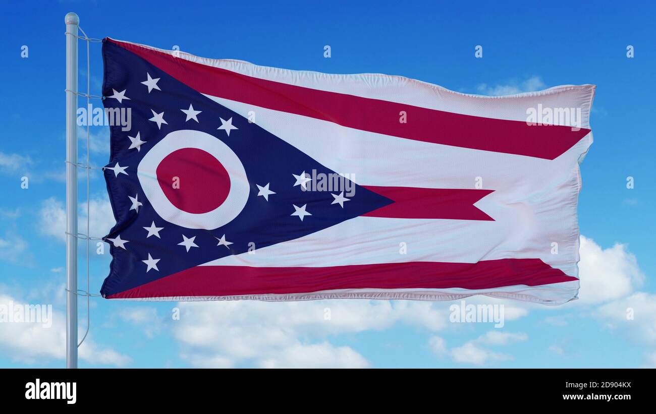 Ohio flag on a flagpole waving in the wind, blue sky background. 3d ...