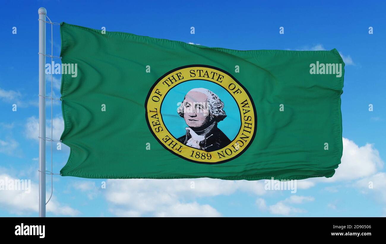 Washington State flag on a flagpole waving in the wind, blue sky ...