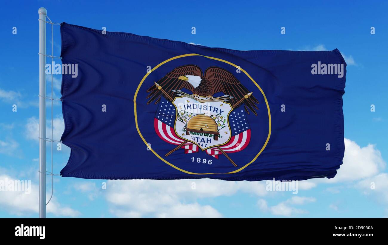 Utah flag on a flagpole waving in the wind, blue sky background. 3d ...