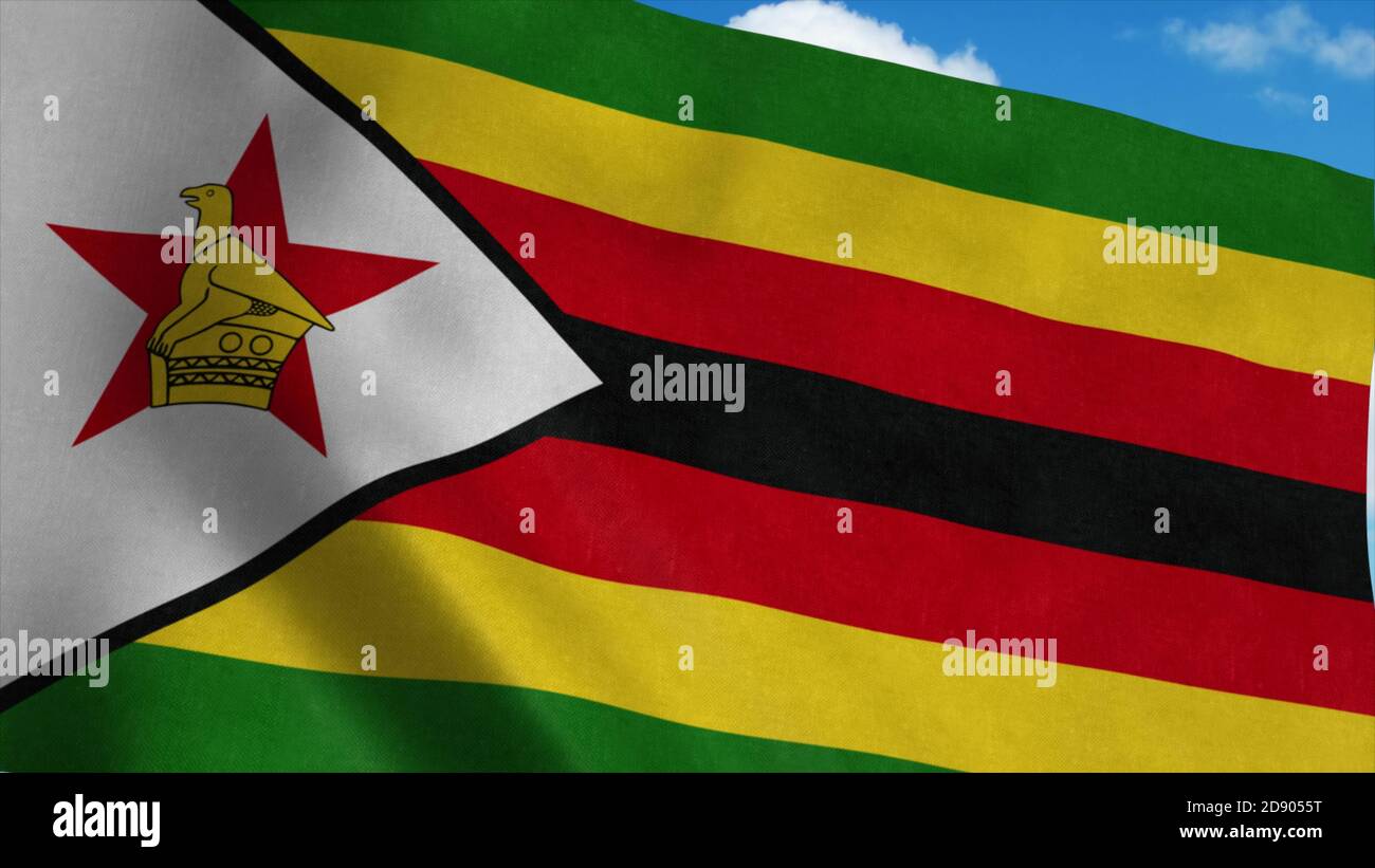Zimbabwe flag on a flagpole waving in the wind, blue sky background. 3d ...
