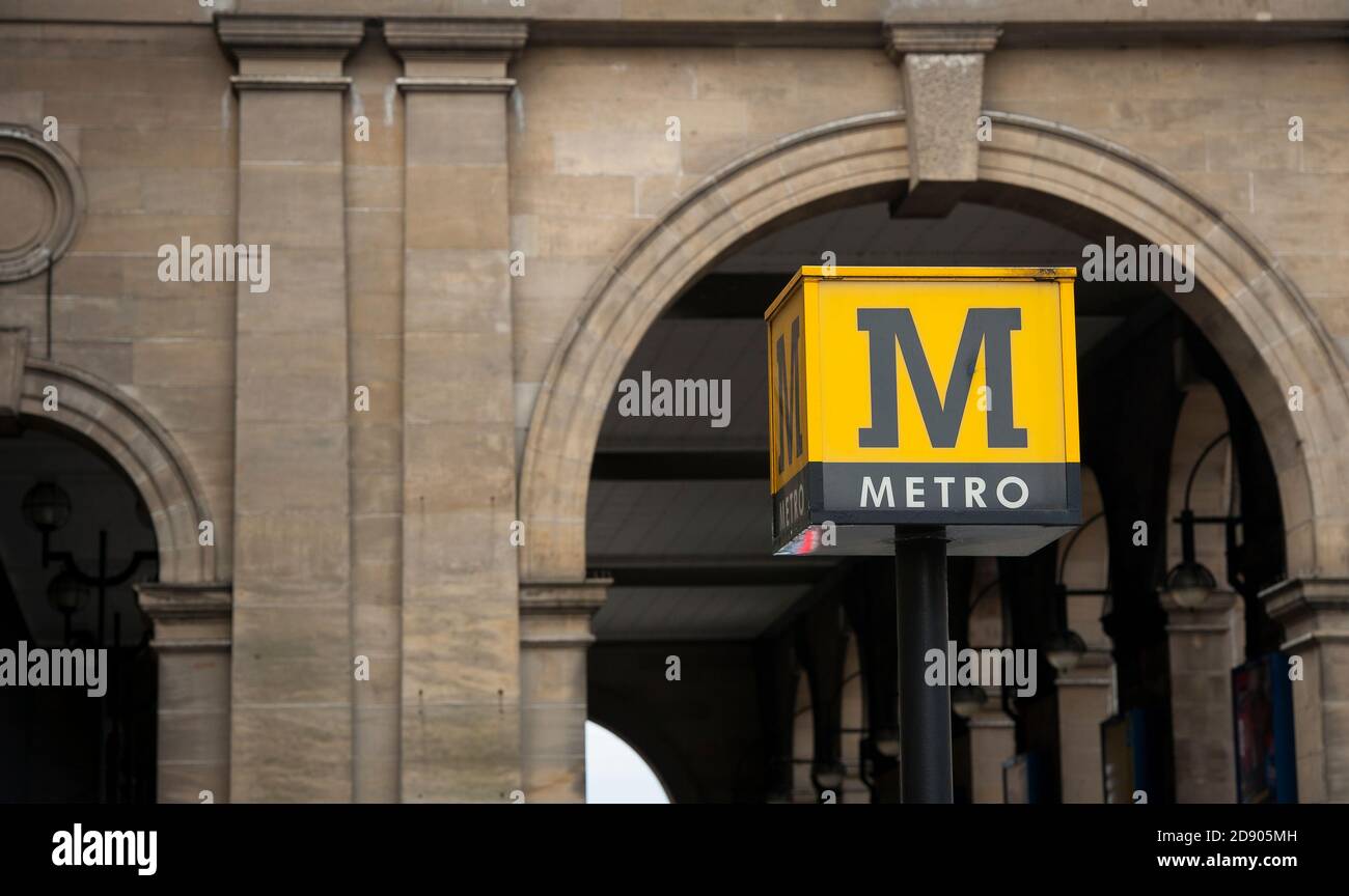 Metro sign at a Tyne and Wear Metro stop in the city of Newcastle upon ...