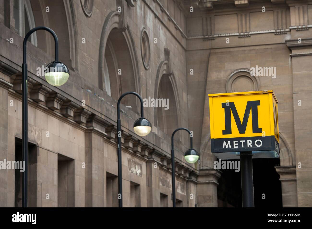 Metro sign at a Tyne and Wear Metro stop in the city of Newcastle upon ...