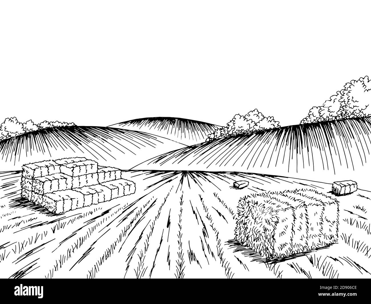 Autumn field hill graphic black white landscape sketch illustration ...