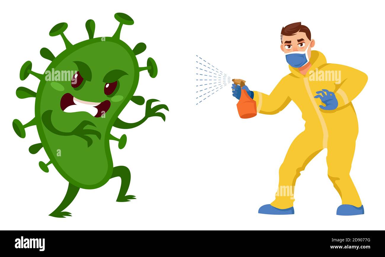 Man fighting virus. Male character in protective suit spraying ...
