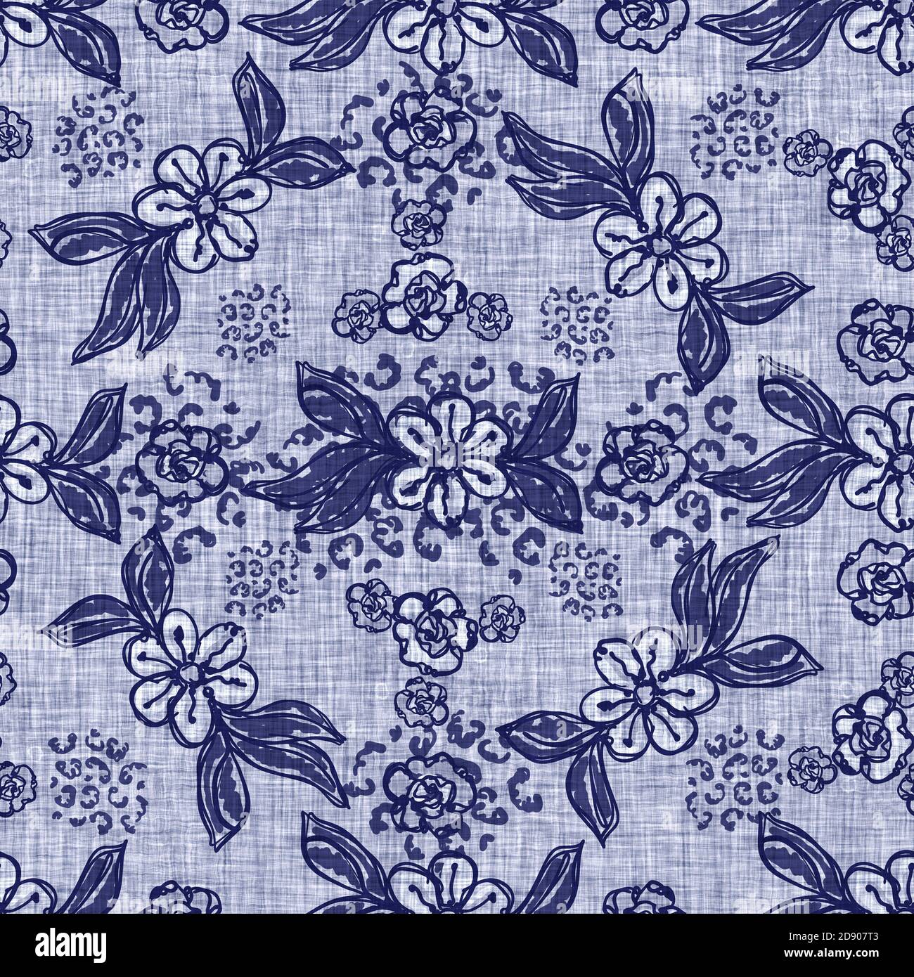 Indigo blue flower block print dyed linen texture background. Seamless ...
