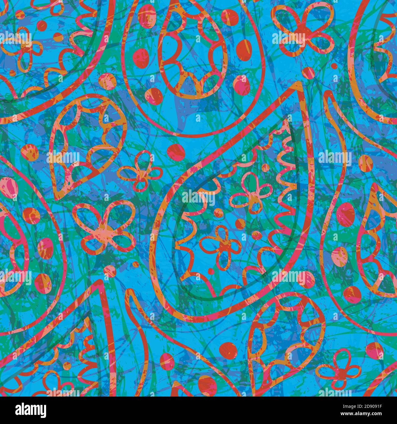 Vector batik paisley seamless pattern background. Saturated blue orange ...
