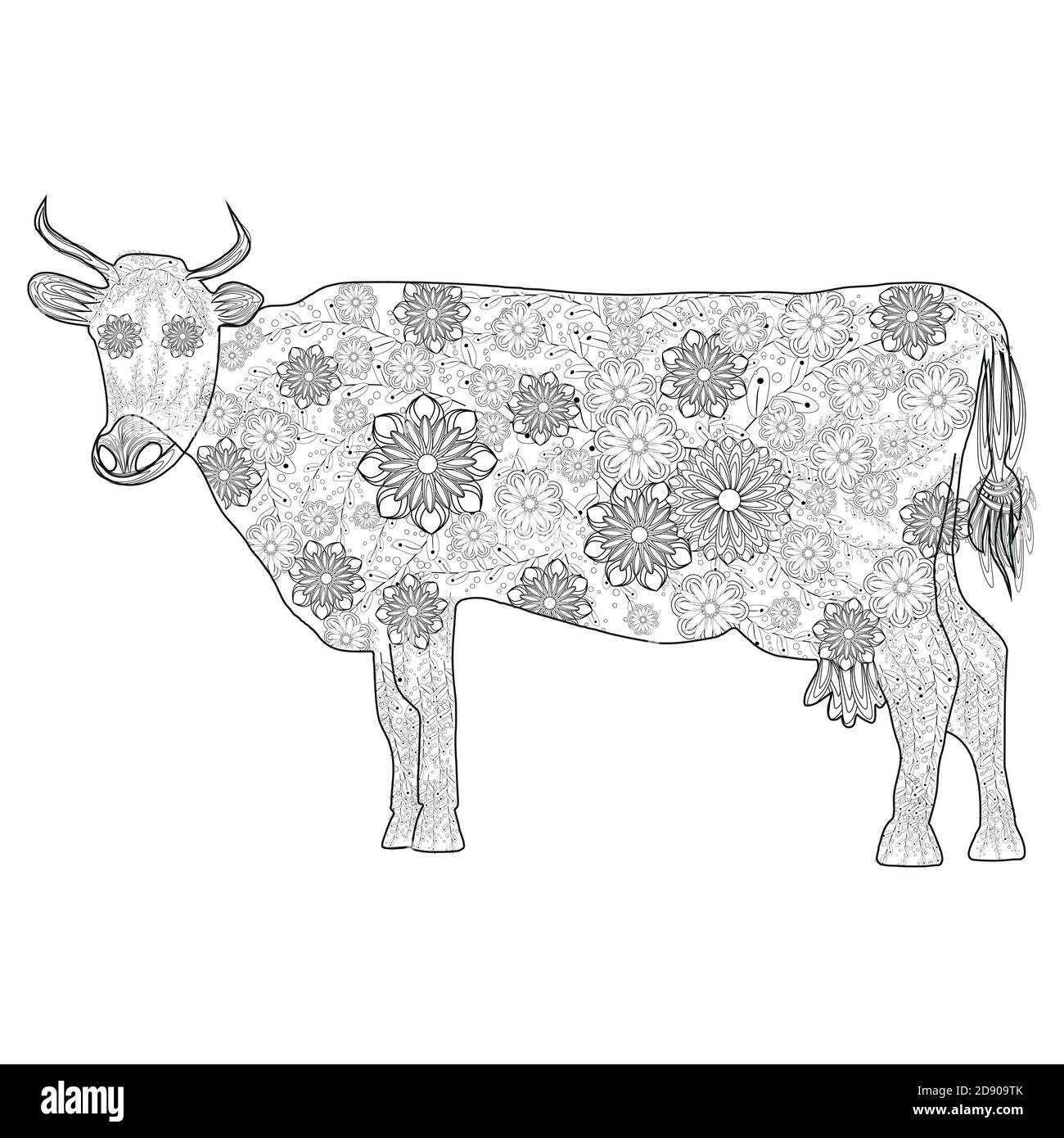 Hand drawn doodle outline cow head decorated with ornaments. zentangle ...