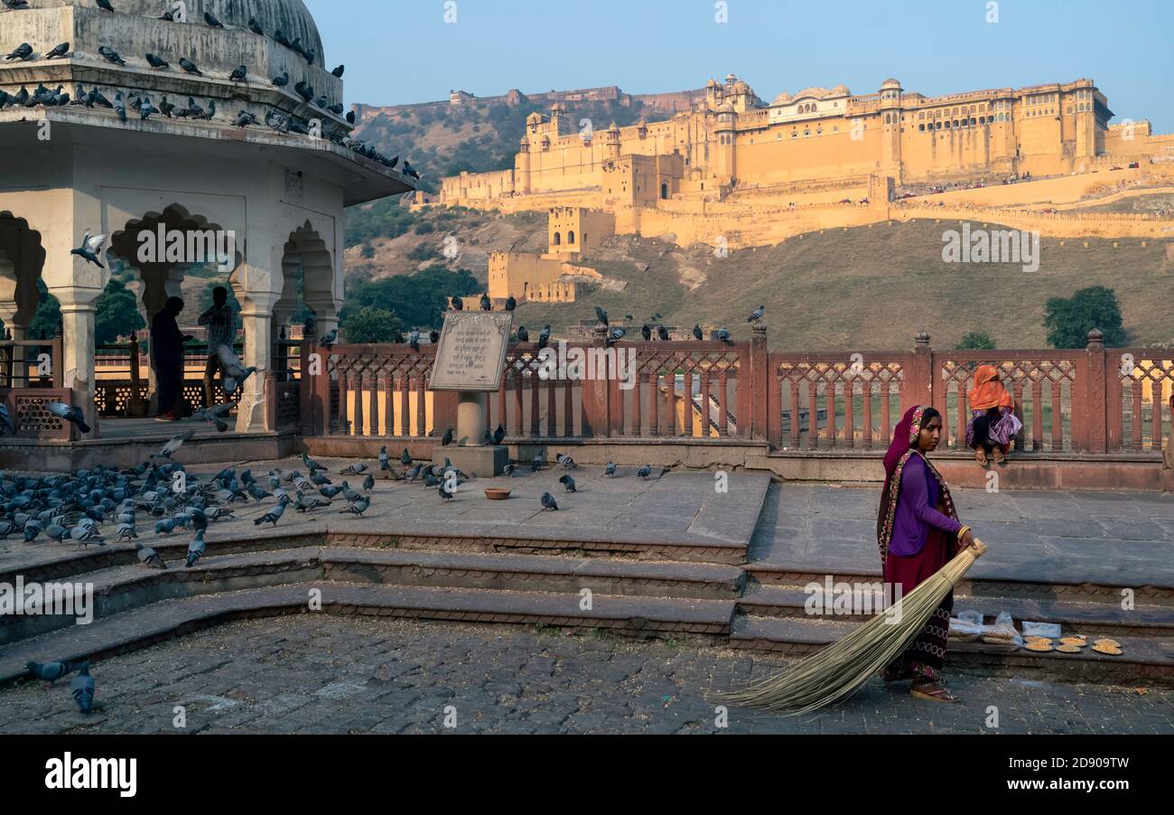 External view of Amber Fort and fortifications from across the moat on ...