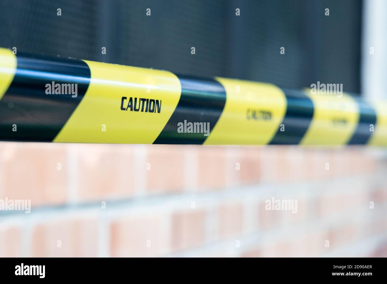 Closeup of Caution tape barricade area from access from location Stock ...