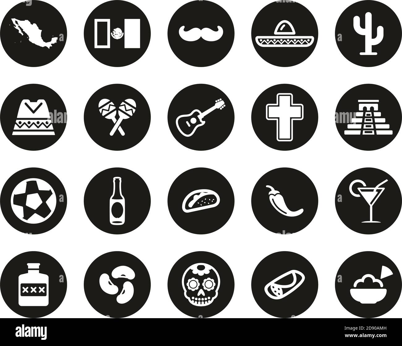 Mexico Country & Culture Icons White On Black Flat Design Circle Set ...