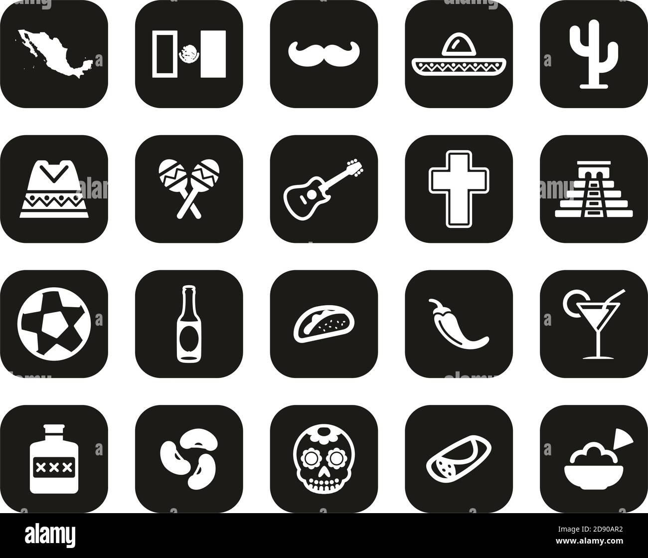 Mexico Country & Culture Icons White On Black Flat Design Set Big Stock ...