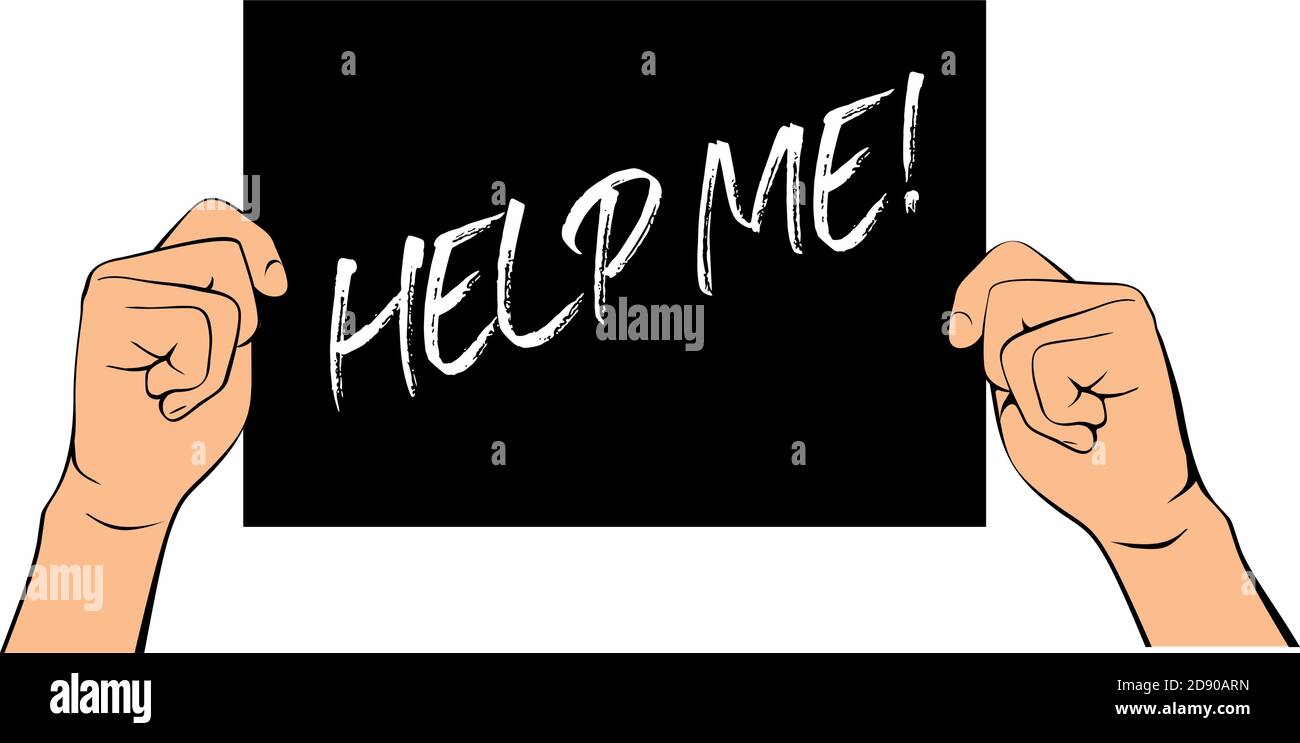 Hands with black card and text Help me. Vector Illustration and icon ...