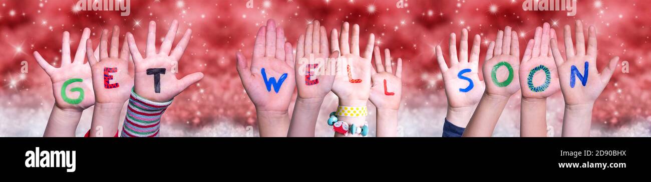 Children Hands Building Word Get Well Soon, Red Christmas Background ...