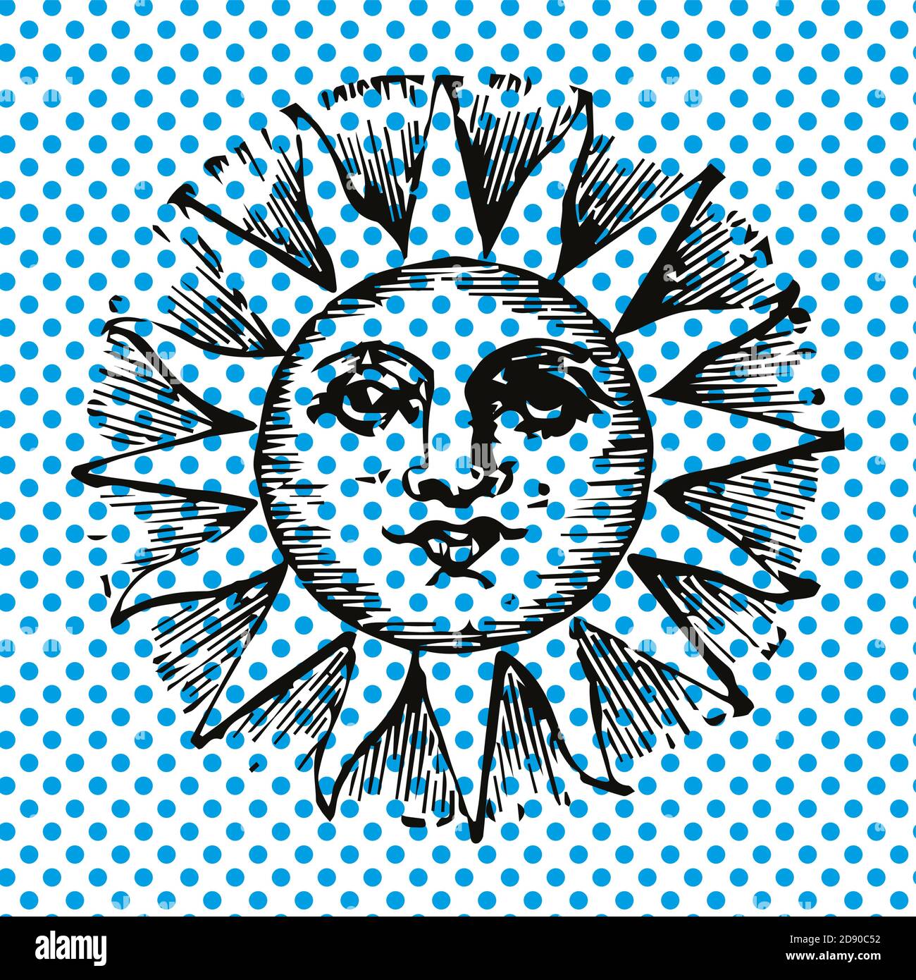Vector illustration of the sun with a human face on celestial dots ...