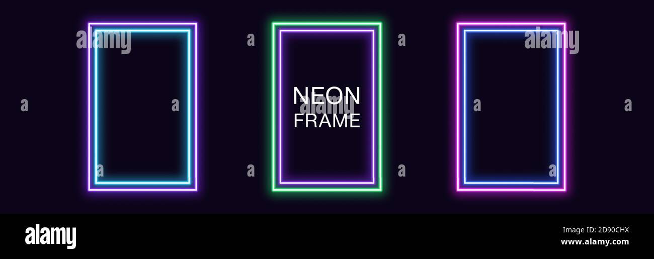 Neon rectangle Frame. Set of rectangular neon Border with double ...