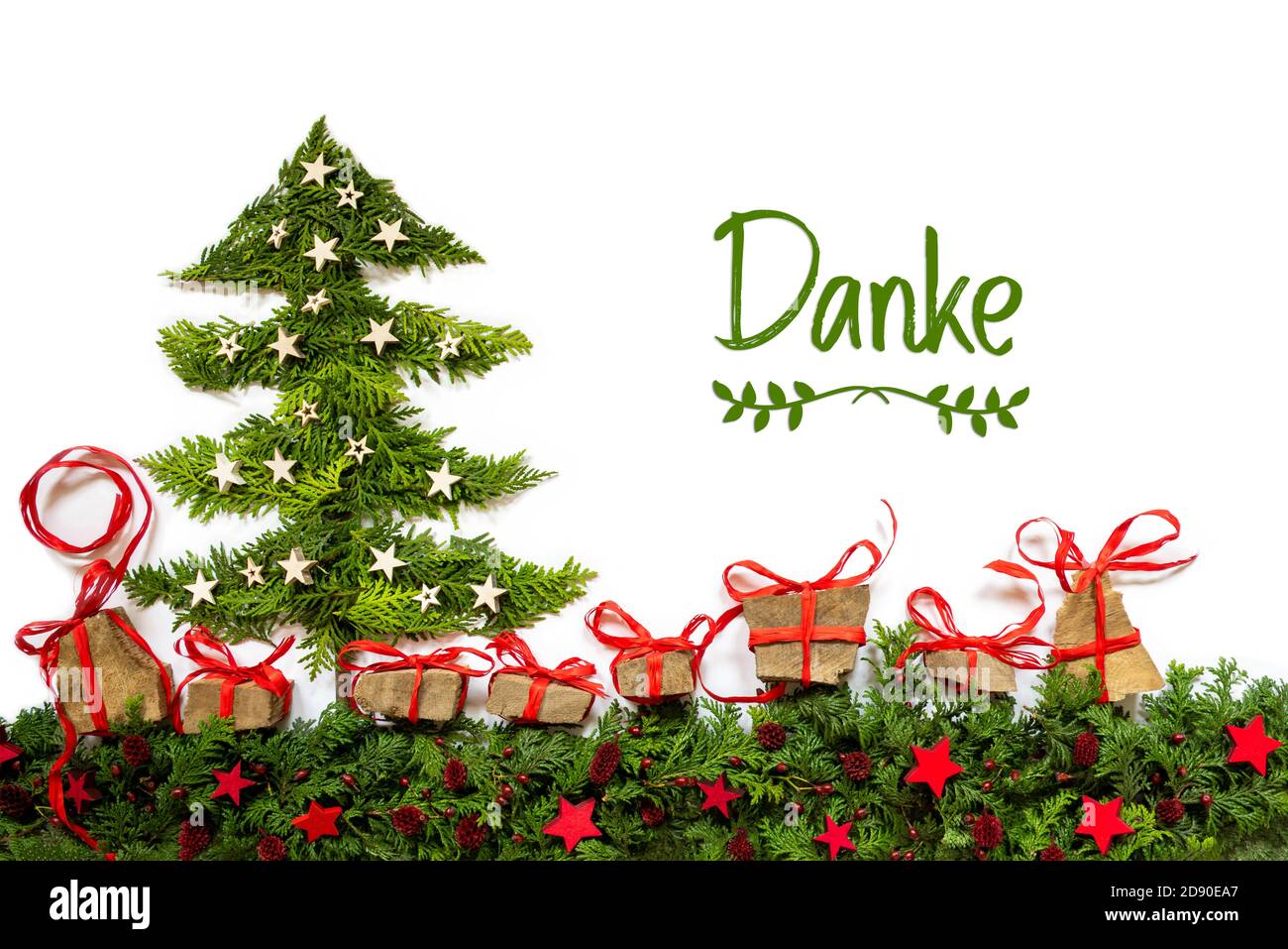 Christmas Tree, Fir Branch, Gifts, Red And Silver Stars, Danke Means ...