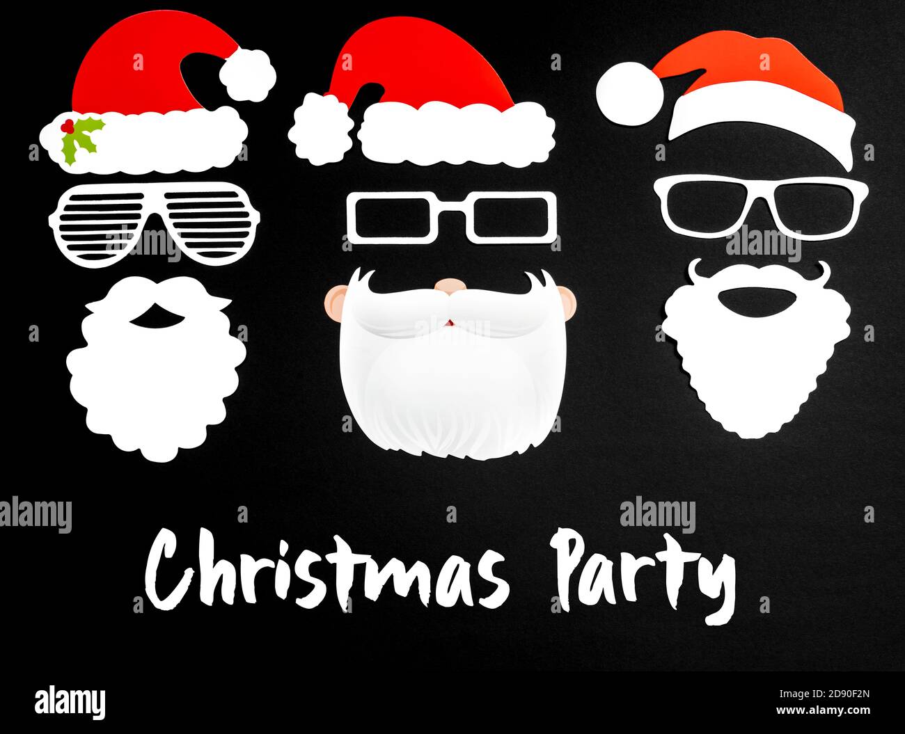 Three Santa Claus Paper Mask, Black Background, Text Christmas Party ... Three Santa Claus Paper Mask, Black Background, Text Christmas Party ...