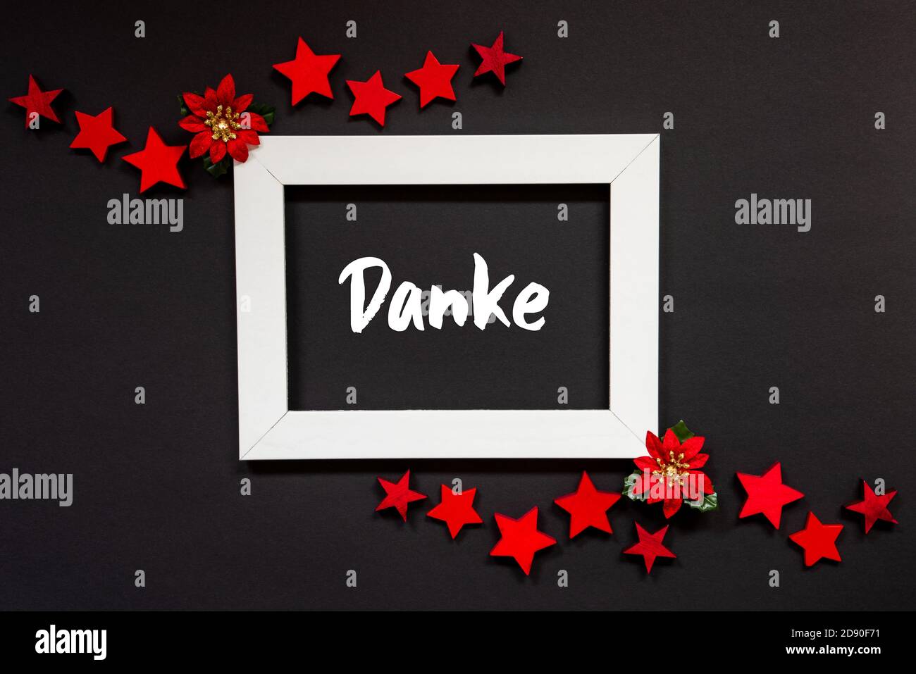 Frame, Red Winter Rose, Star, Text Danke Means Thank You Stock Photo ...