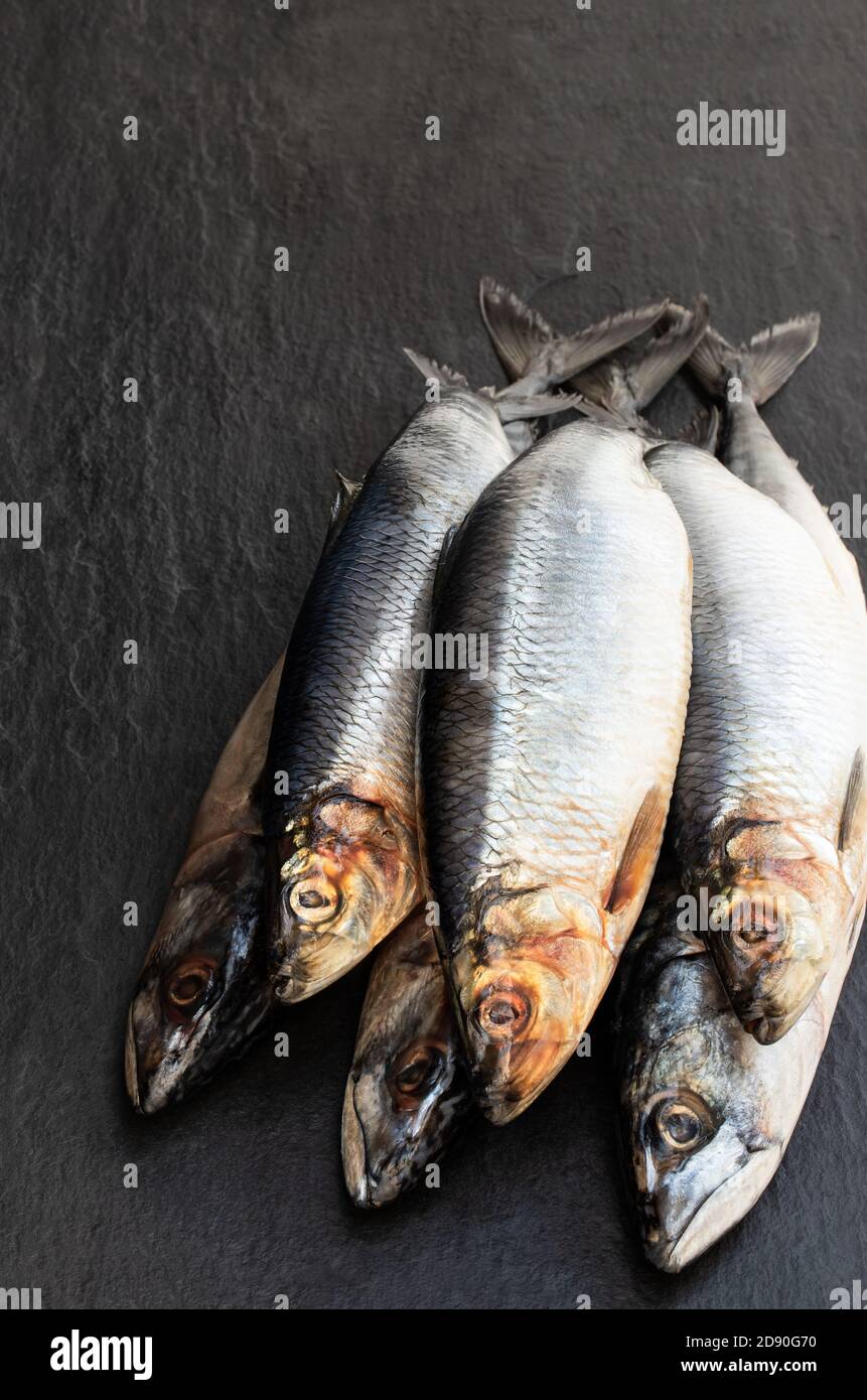 Raw herring and mackerel fish on enameled bowl isolated on a white ...