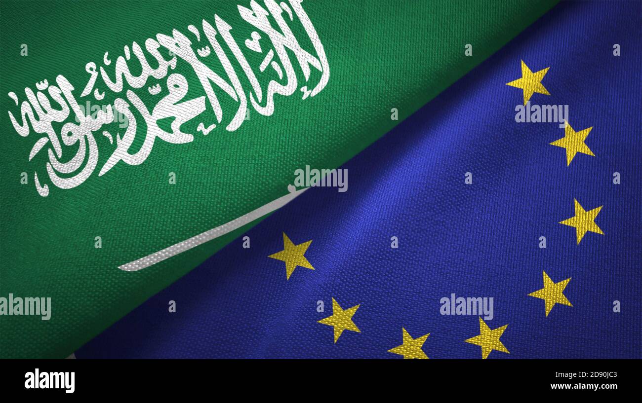 European Union and Saudi Arabia flags together relations textile cloth ...