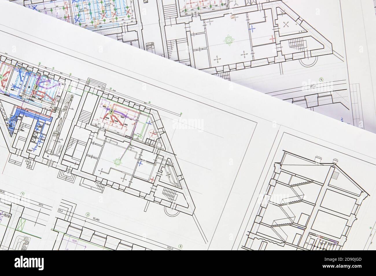 Architectural design, drawings, drawings are lying on the table ...