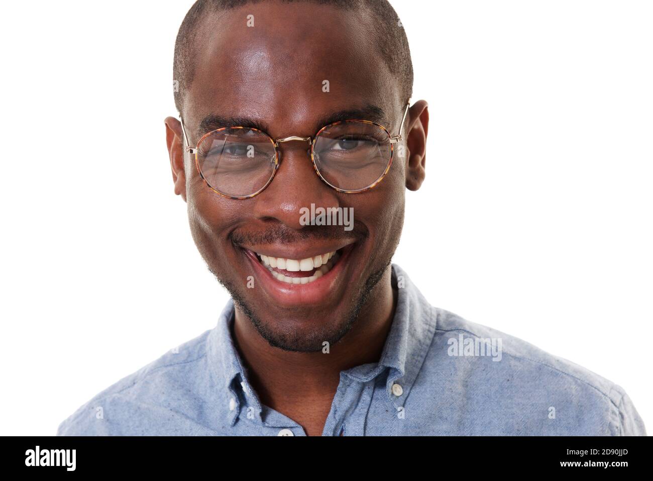 Close Up Portrait Of Smiling African American Man With Glasses Against