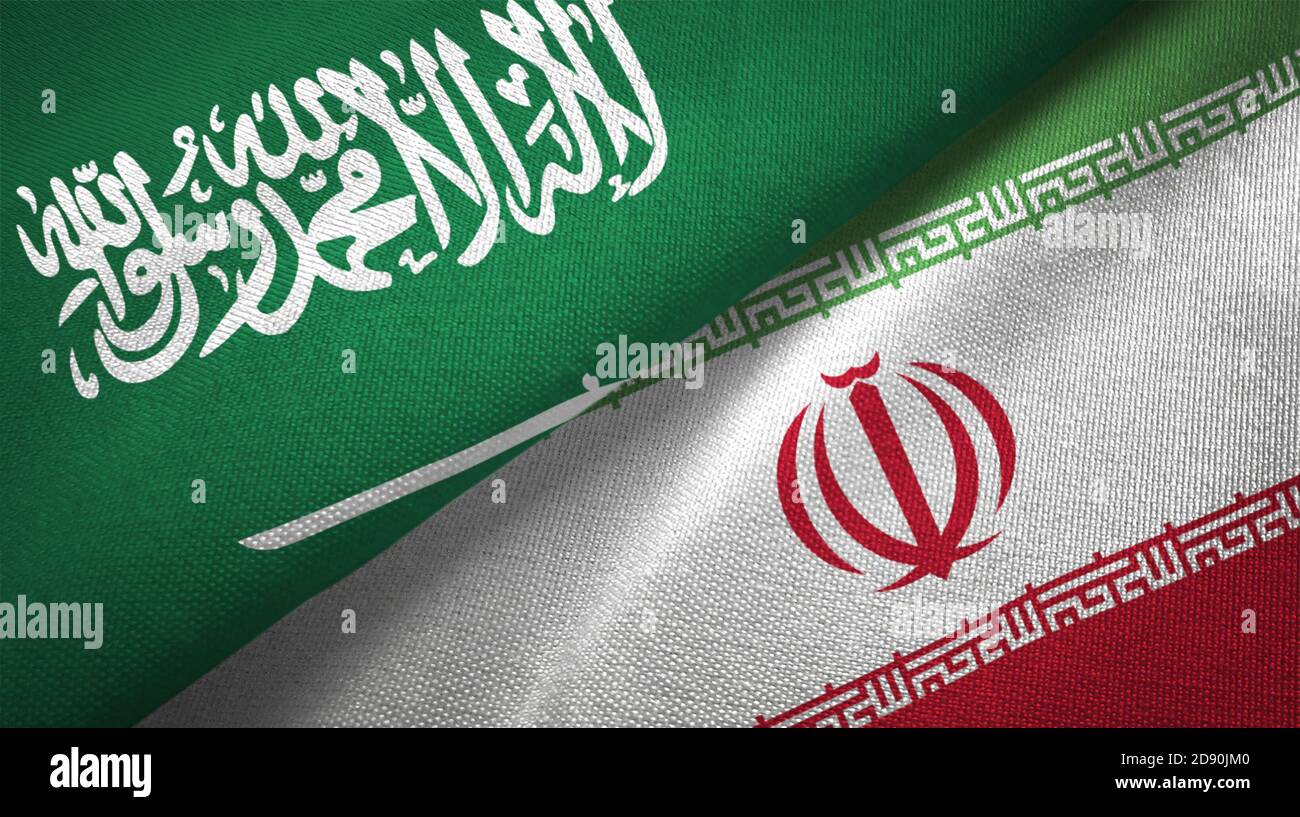 Iran and Saudi Arabia flags together relations textile cloth fabric ...
