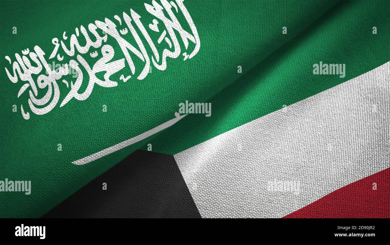 Kuwait and Saudi Arabia flags together relations textile cloth fabric ...