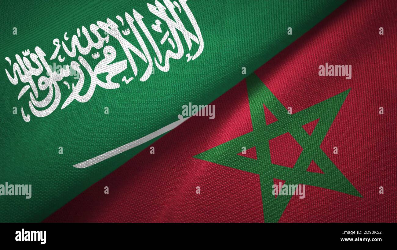 Morocco and Saudi Arabia flags together relations textile cloth fabric ...