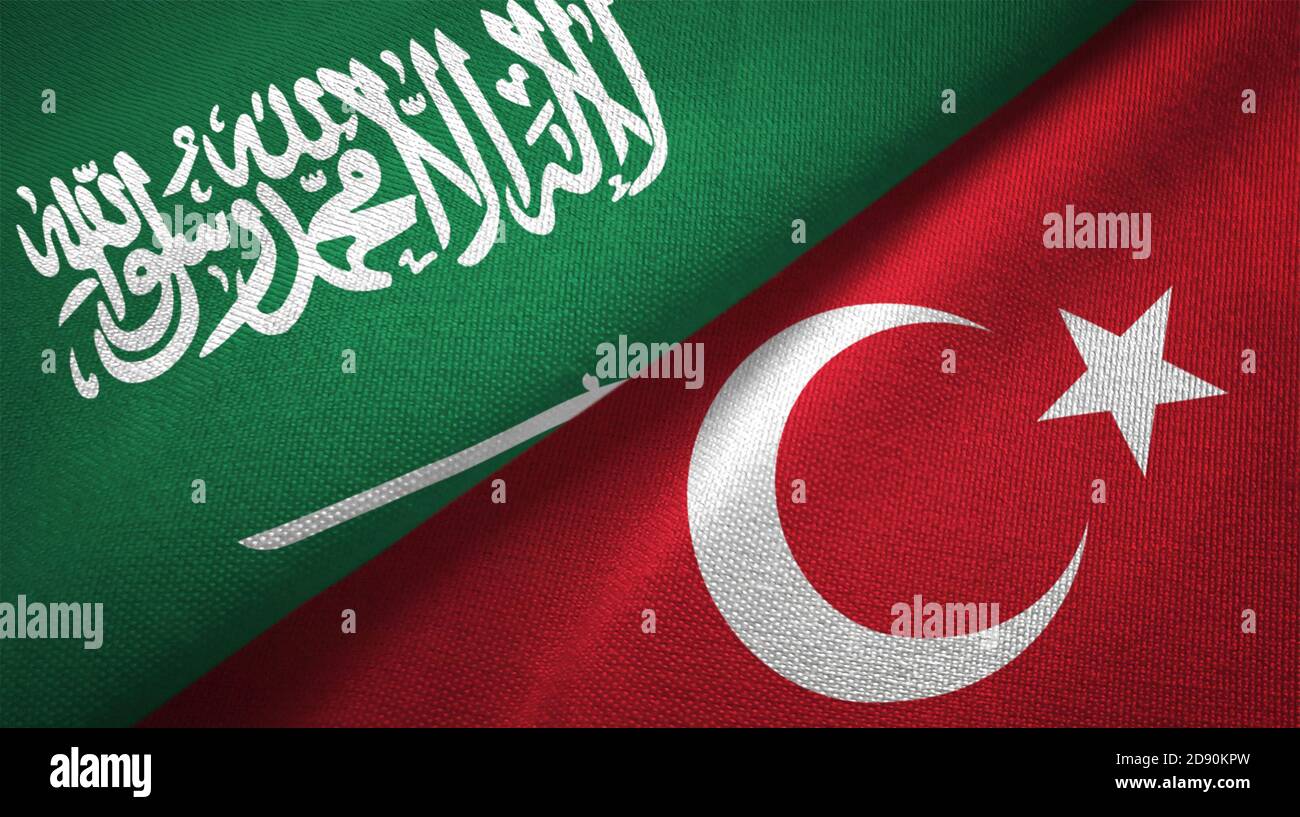 Turkey and Saudi Arabia flags together relations textile cloth fabric ...