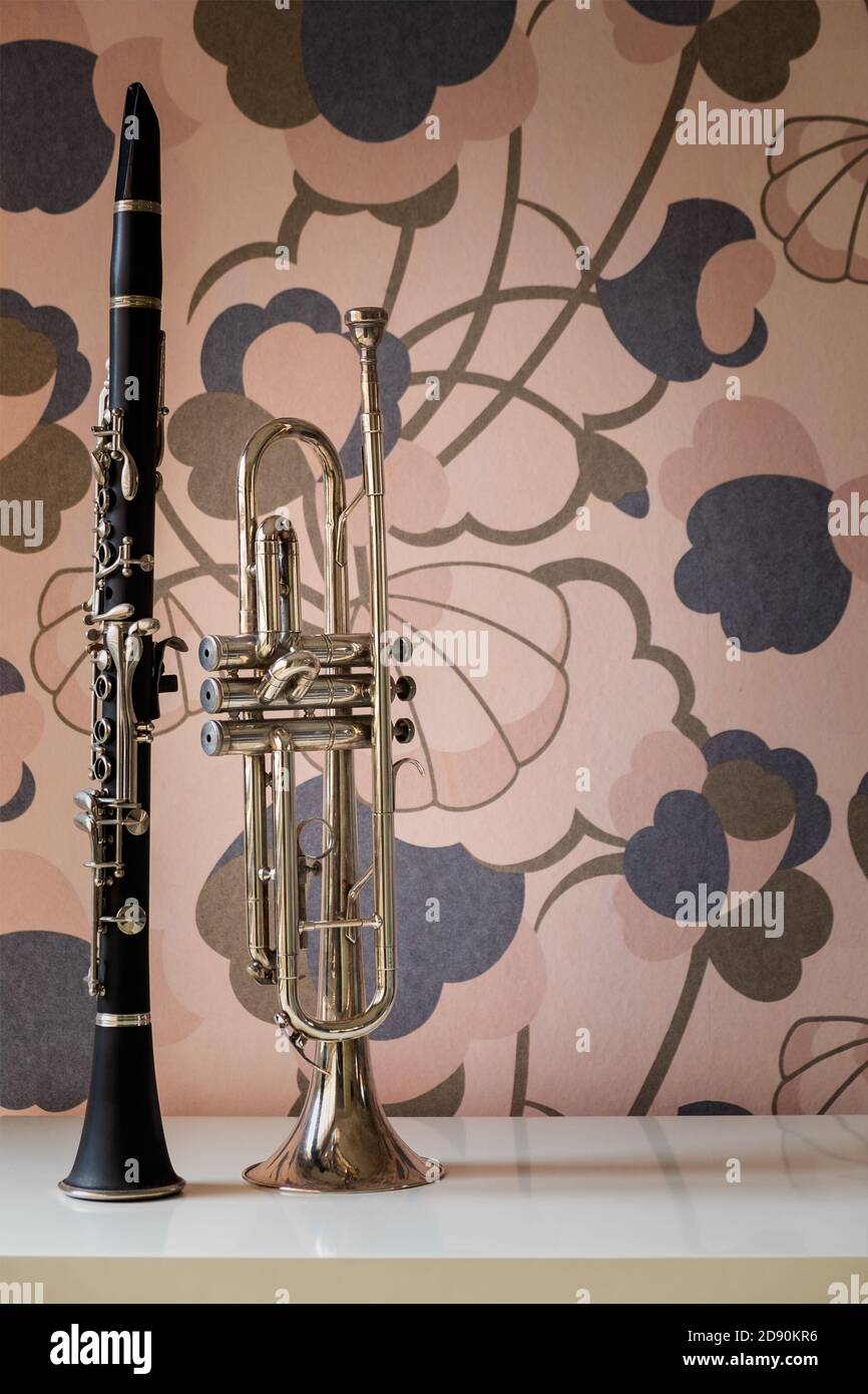 wind instruments in vintage background Stock Photo - Alamy