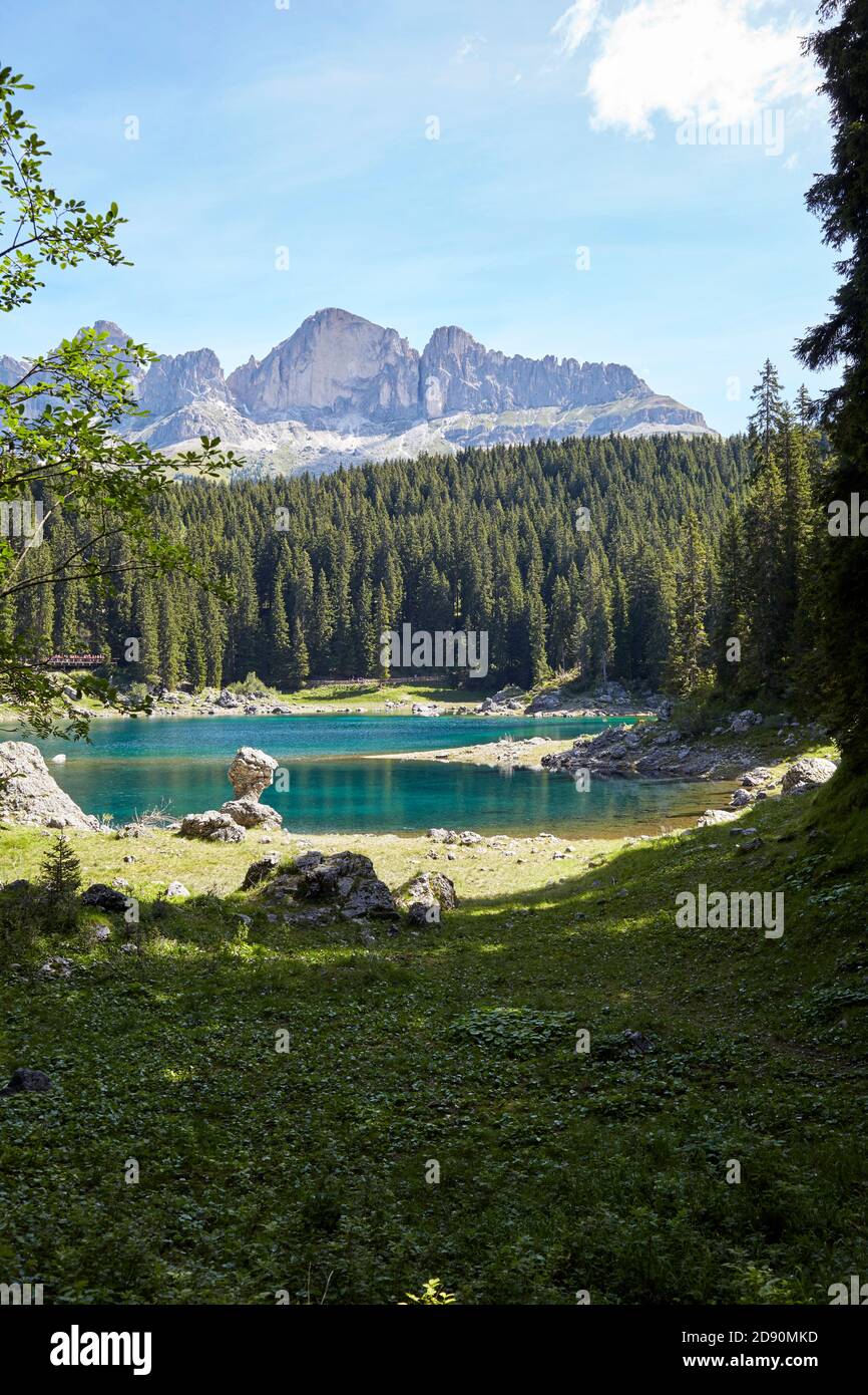 view of the fantastic lake of Carezza also called rainbow lake Stock ...