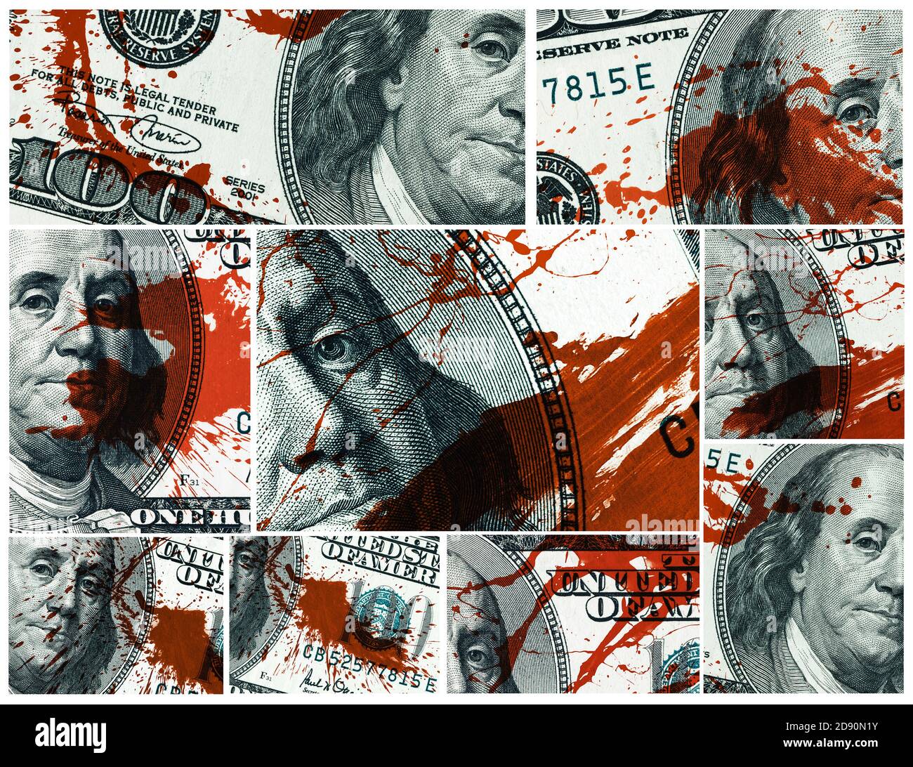 Blood money concept set. Fragment of a one hundred dollar bill with ...