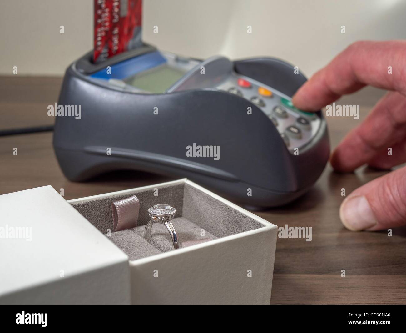 Closeup of a man’s hand entering credit card PIN on a chip and pin ...