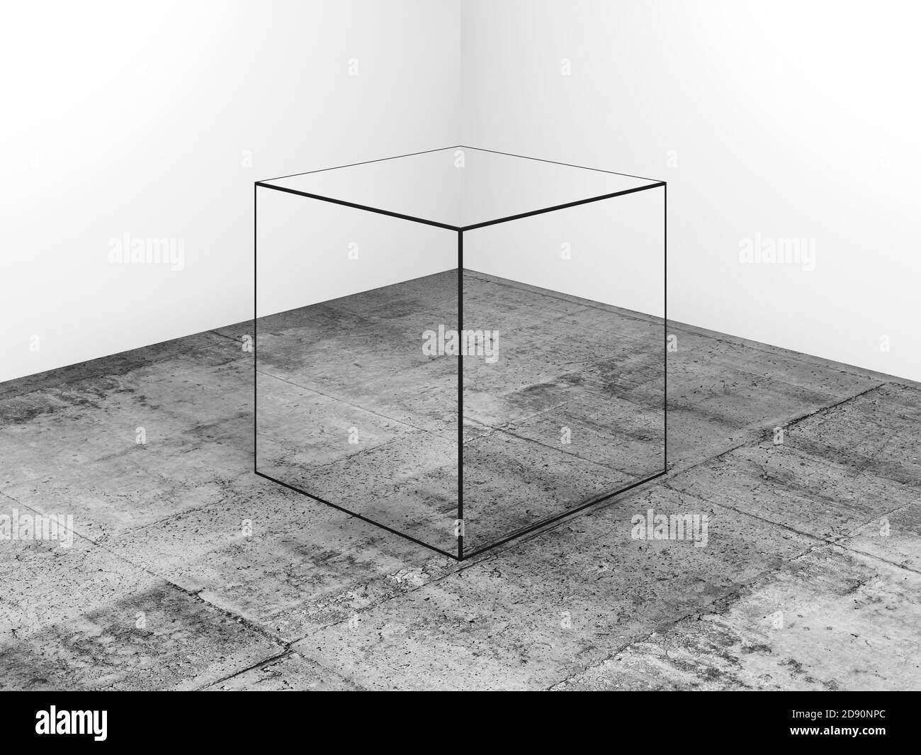 Mirror cube stands in a white room with dark concrete floor, abstract ...