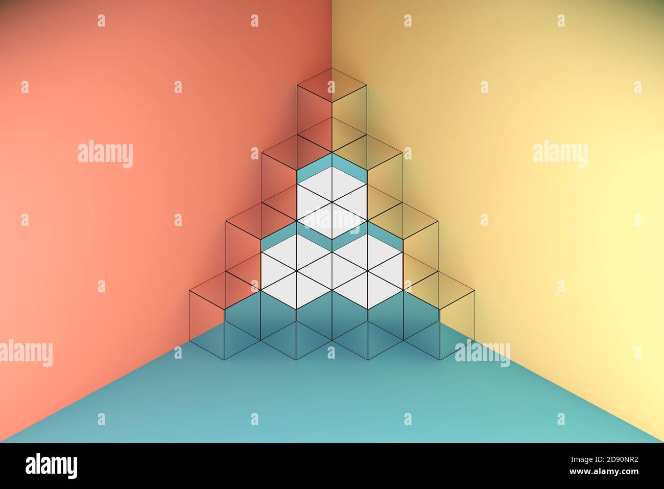 Abstract mirror cubes pyramid installation is in a corner of room with ...